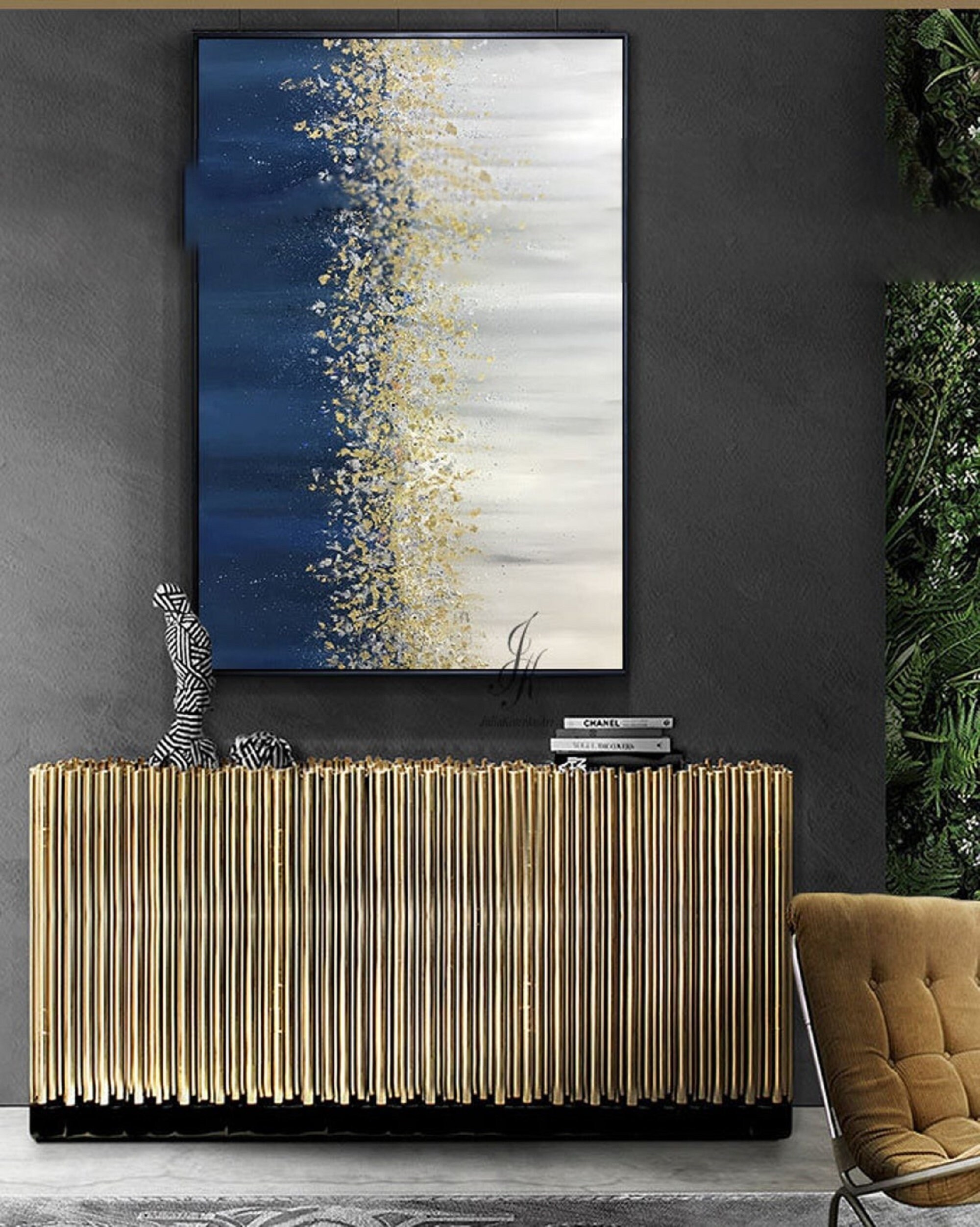 Abstract Silver Leaf Painting Navy Blue Textured Painting on - Etsy