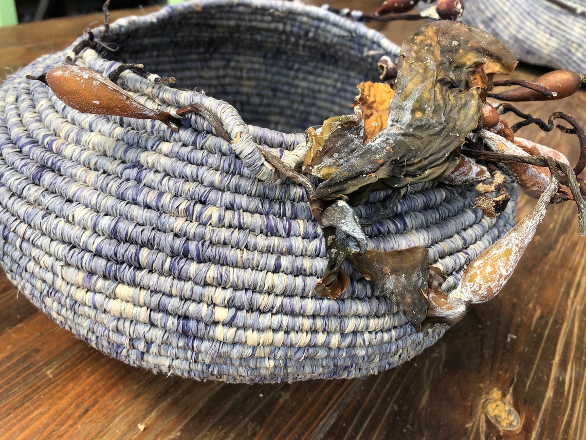 Handmade Coiled Raffia Basket With Kelp Seaweed Embellishment - Etsy