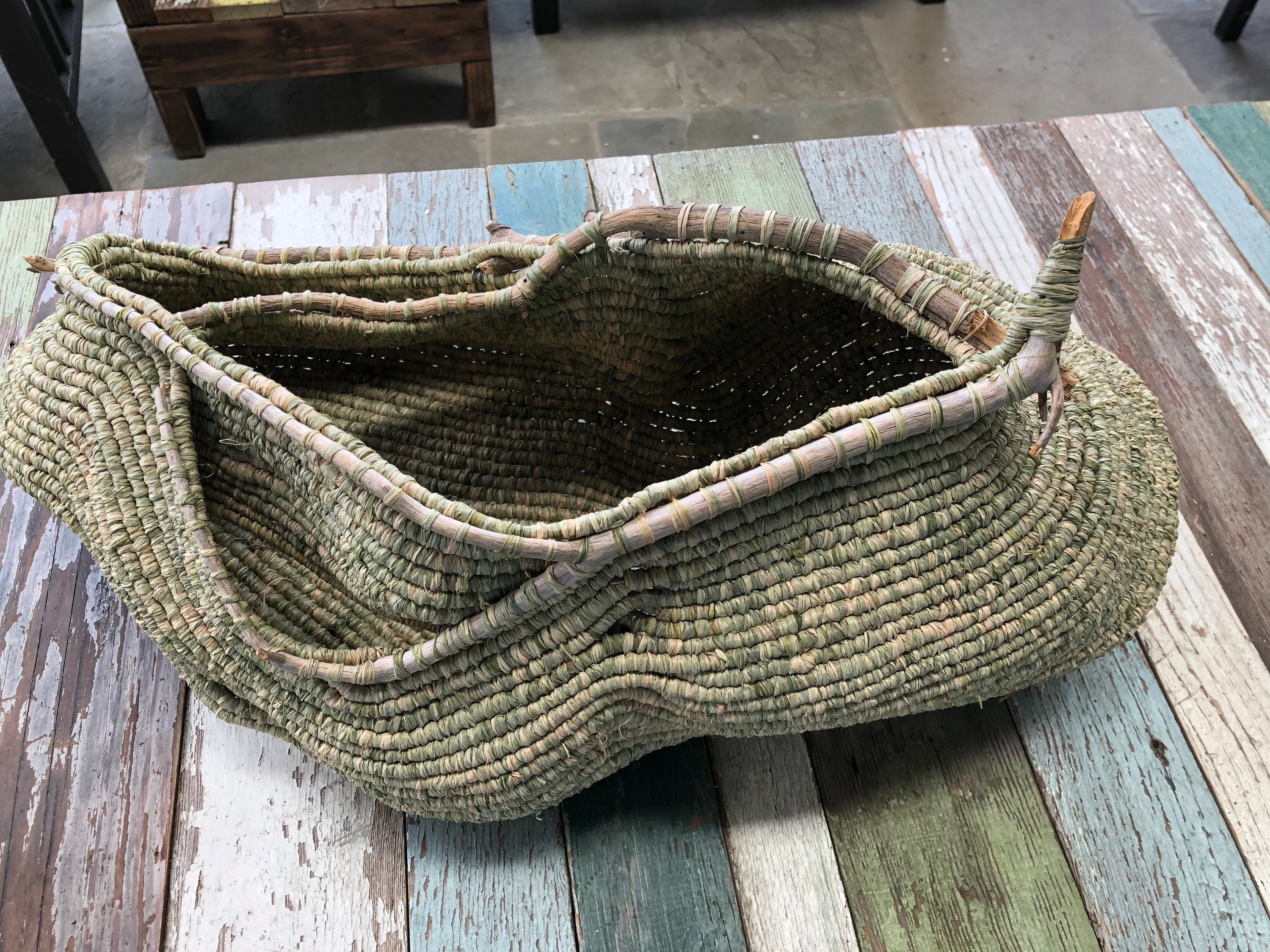 Handmade Coiled Raffia Basket With Clackamas River Drift Branches - Etsy