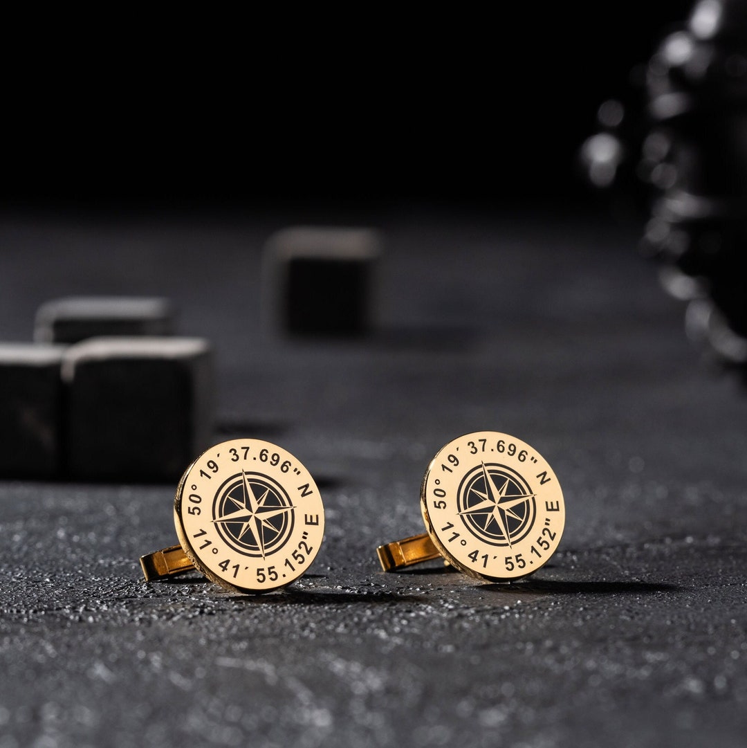 Gold Compass Coordinate Cufflinks: Personalized GPS Location, Men's ...