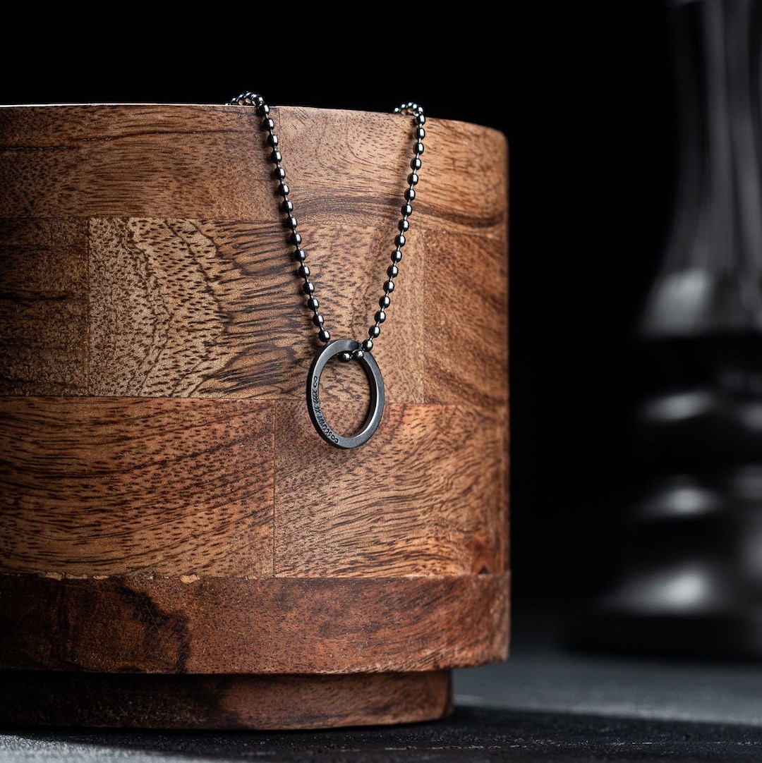 Engraved Sterling Silver Ring Necklace for Men - Black Rhodium Finish ...