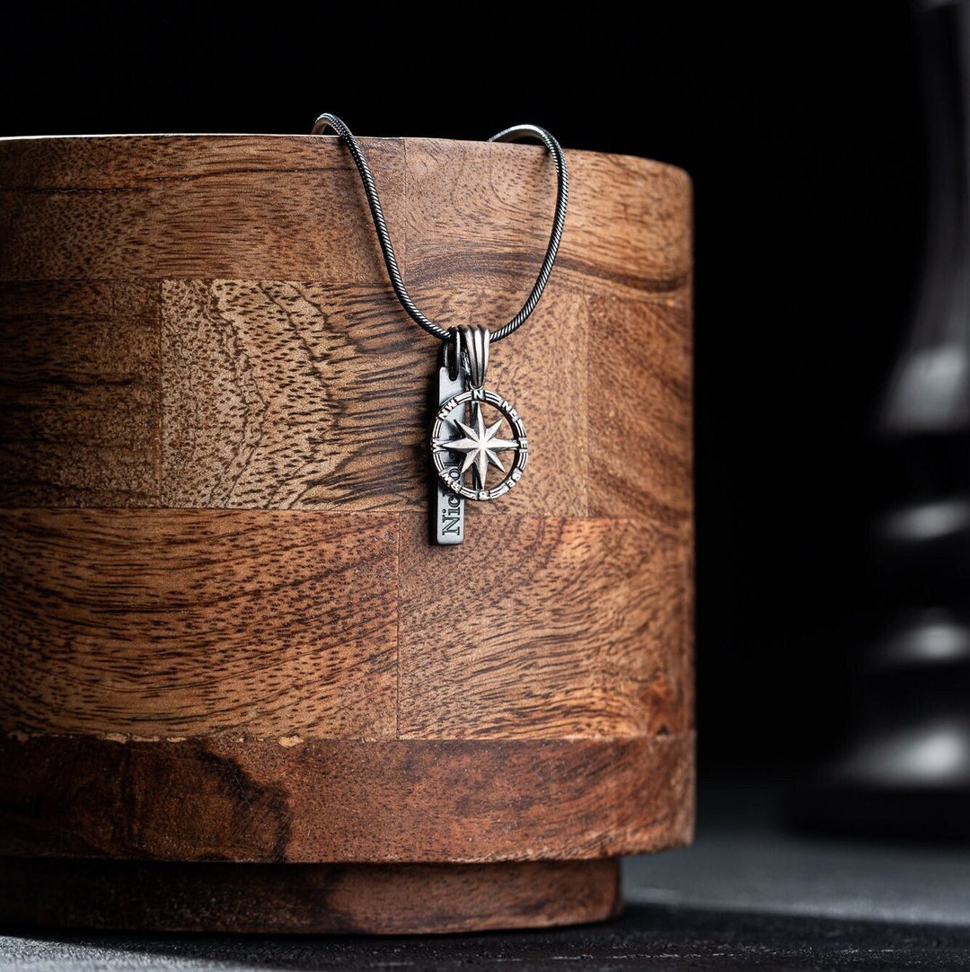 Sterling Silver Compass Necklace: Personalized Engraved Bar Pendant - Etsy