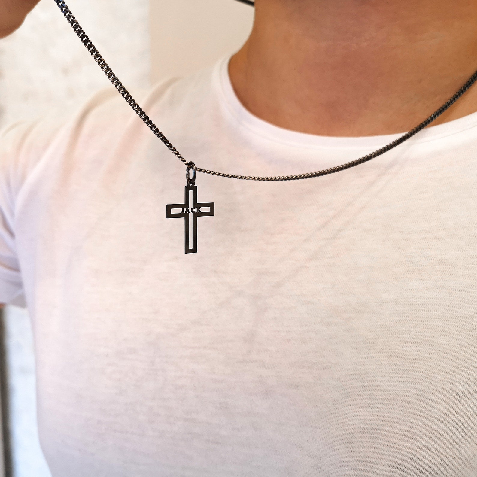 Personalized Engraved Cross Necklace Black Bar Necklace - Etsy