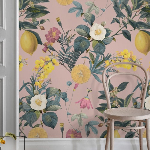 Muted Pink Floral Wallpaper Botanical Wall Art Floral Wall | Etsy