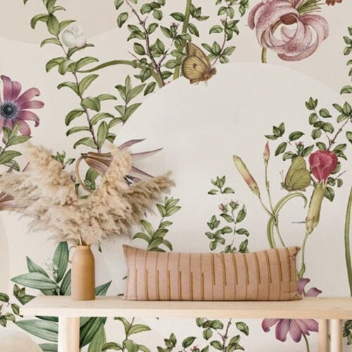 Muted Pink Floral Wallpaper Botanical Wall Art Floral Wall - Etsy