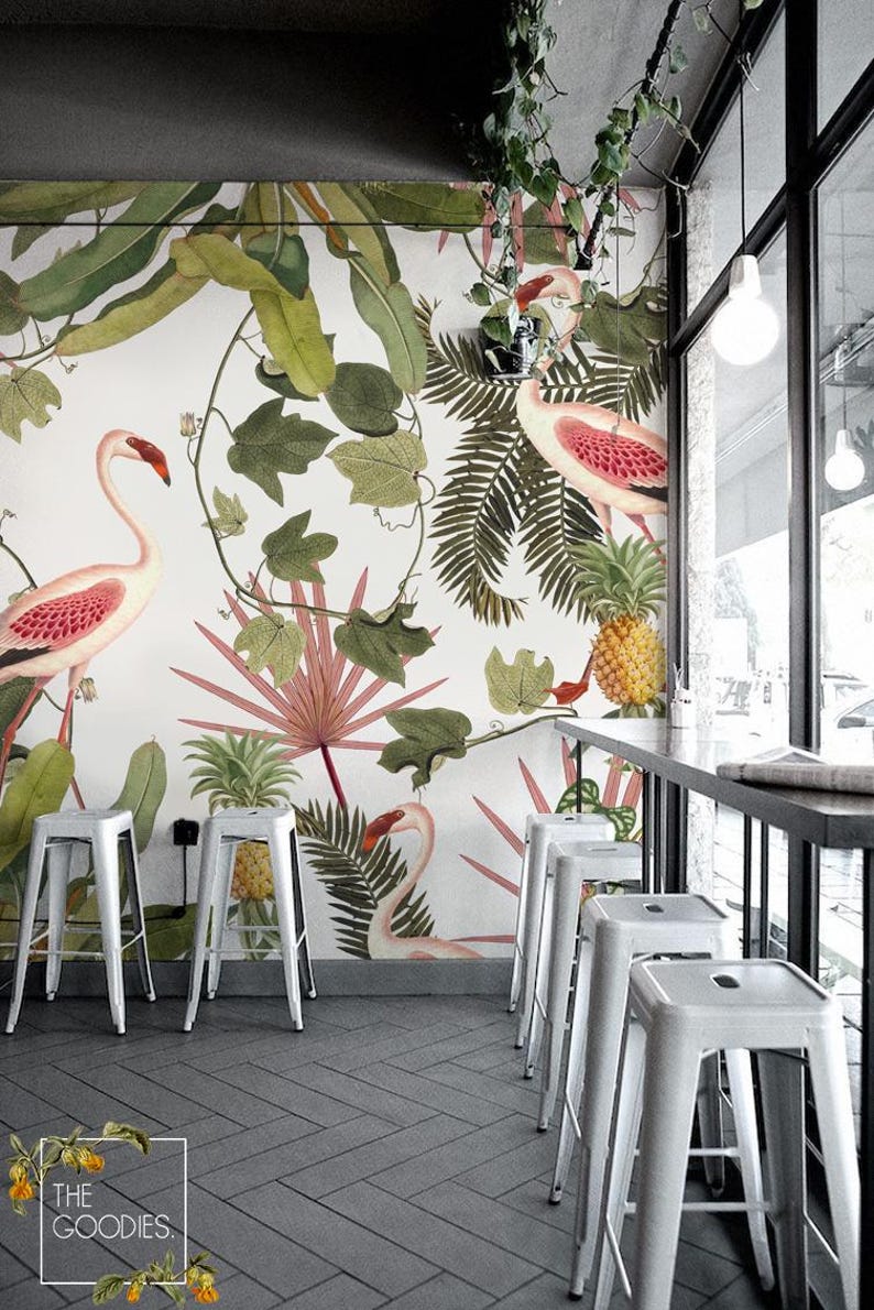 Flamingo Wallpaper, Botanical Art Print, Green and Pink Tropical Wall ...