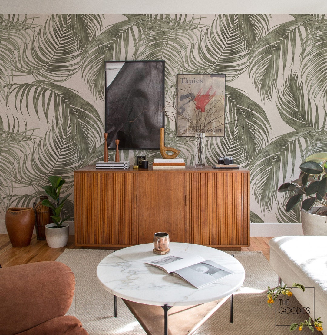 Vintage Palm Leaf Wallpaper, Removable or Traditional Wallpaper, Green ...