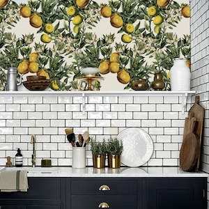 Vintage Lemon Tree Wallpaper: Italian Kitchen Decor, Citrus Grove ...