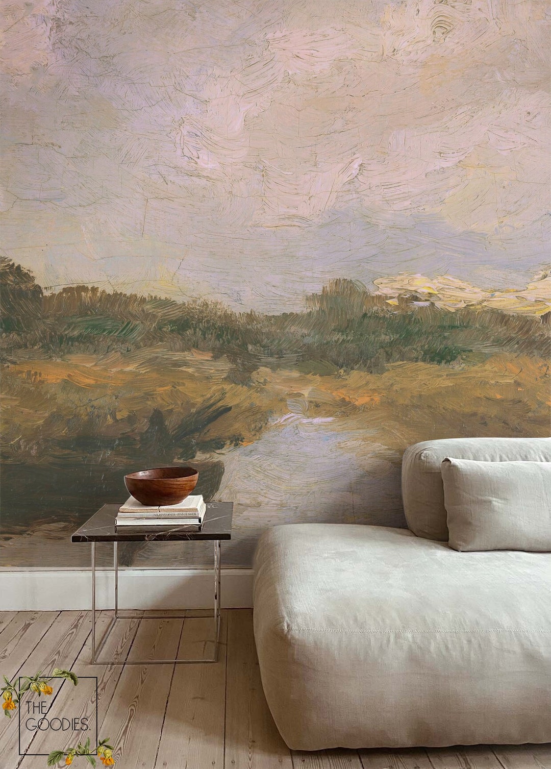 River Scene Wall Mural, Riverside Landscpae, Vintage Painting Print ...