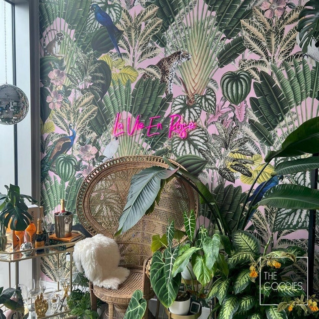 Pink Jungle Wallpaper: Wild Animals, Botanical Wall Mural #108 - Etsy