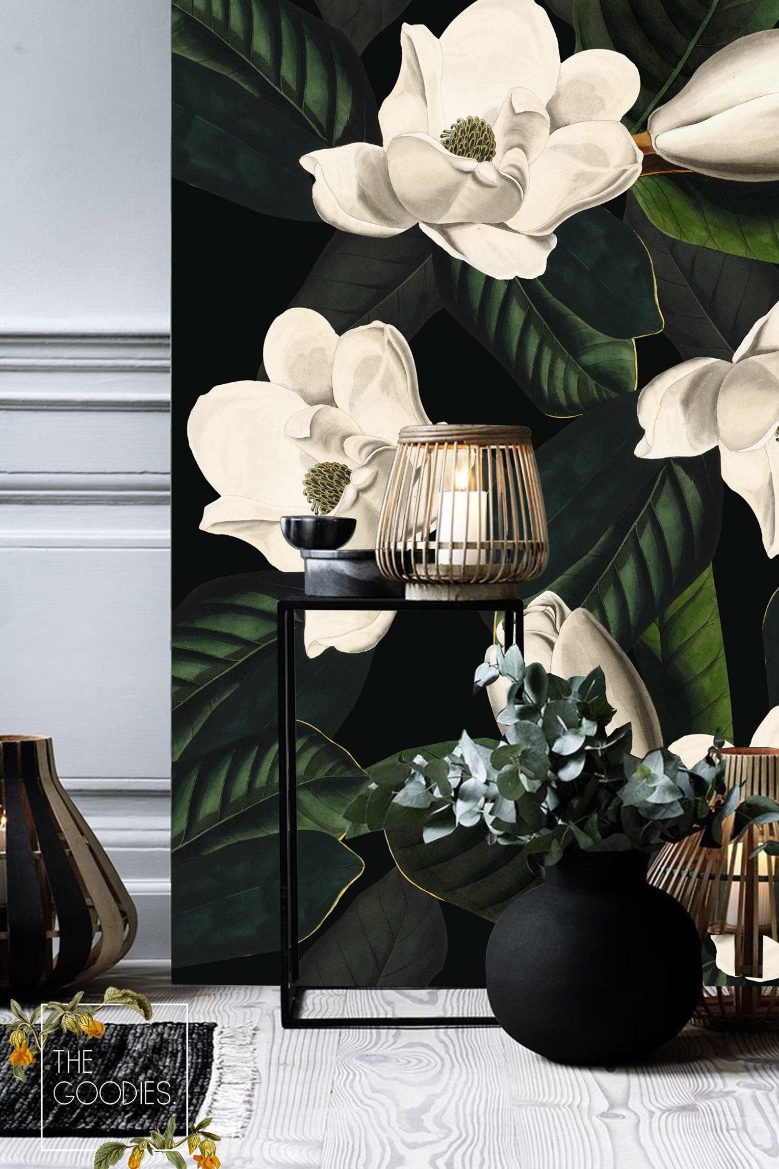 Black Botanical Wallpaper Removable or Regular Flowers - Etsy