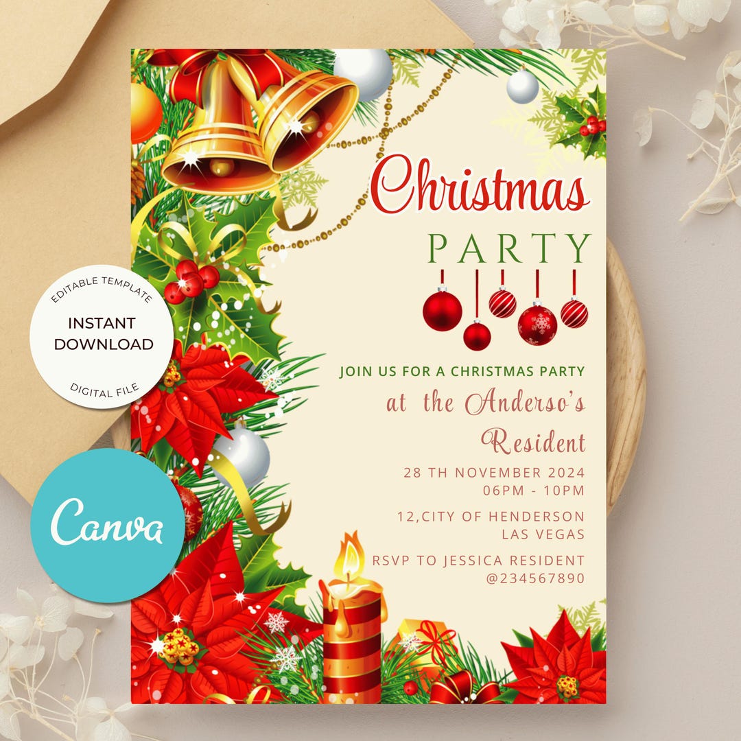 Editable Christmas Party Invitation, Festive Holiday Invite Template ...