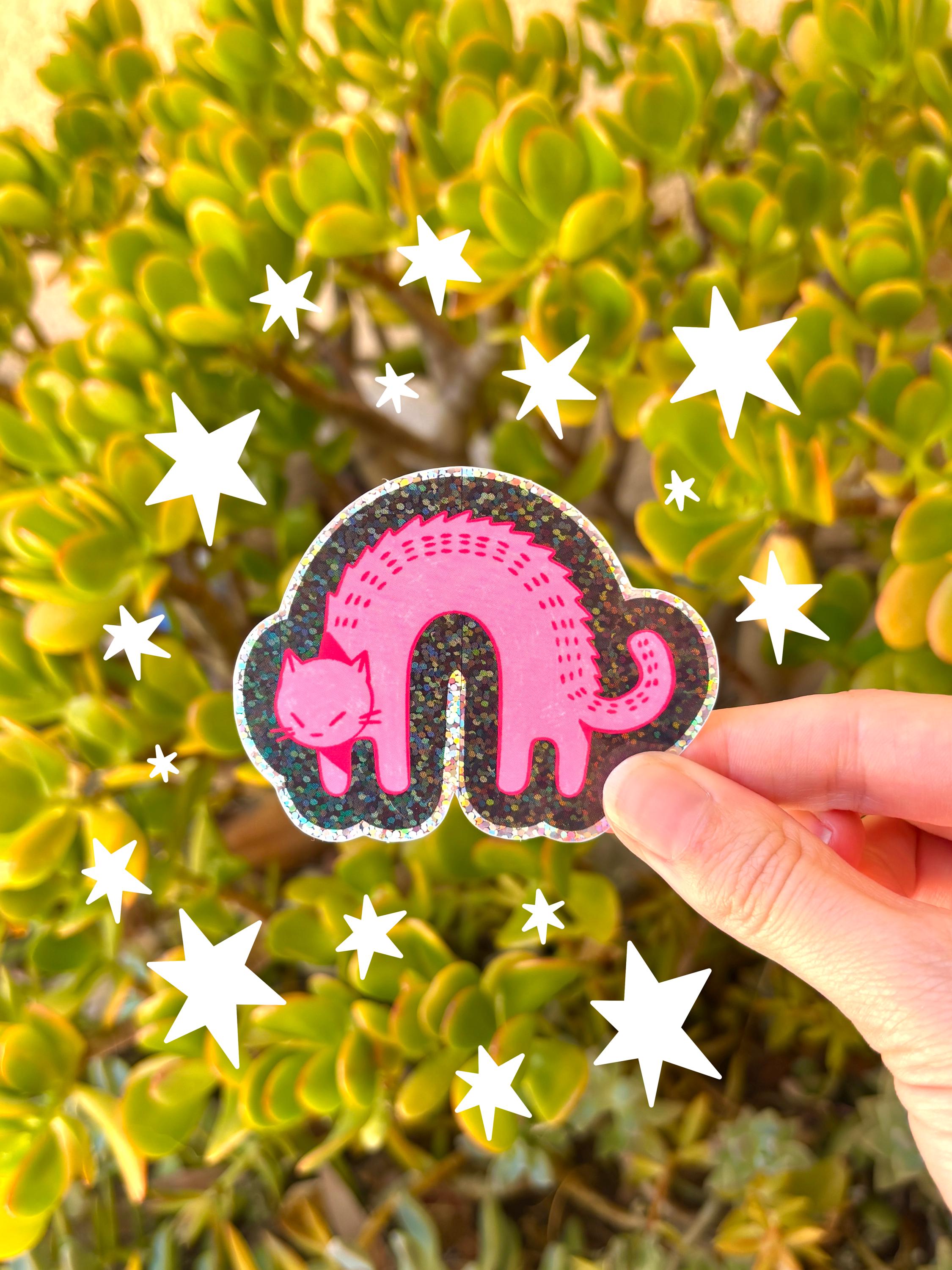 Cute Pink Cat Sticker | Holographic Animal Stickers | Sparkly Decals ...