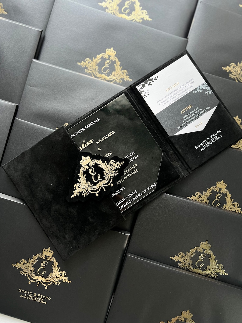 Wedding Invitation Bundle | Luxury Black Velvet Envelope and Elegant ...