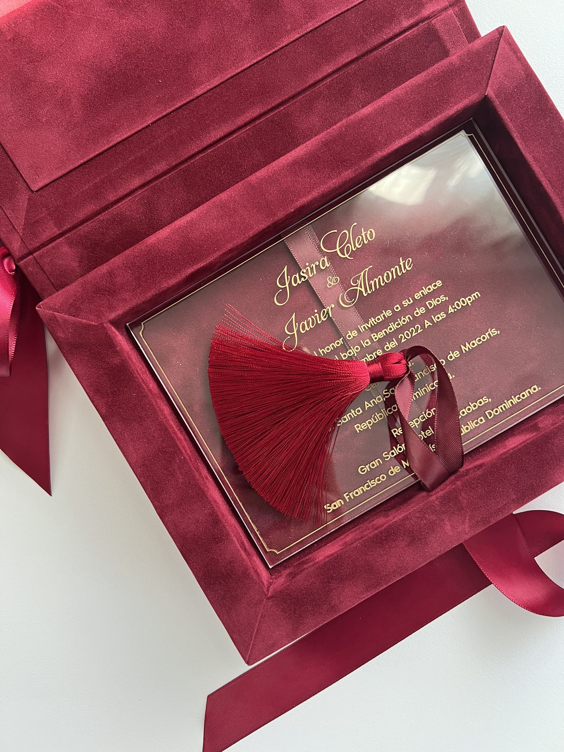 Wedding Invitation Box | Burgundy Velvet | Acrylic Invitation in Velvet ...