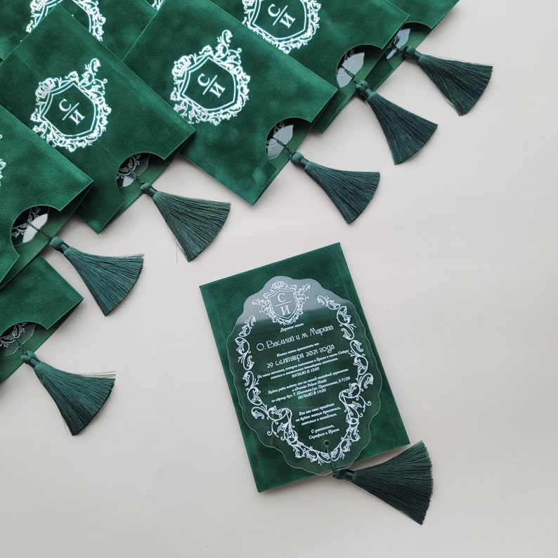Wedding Invitation | Luxury Green Velvet Envelope | Elegant Acrylic ...