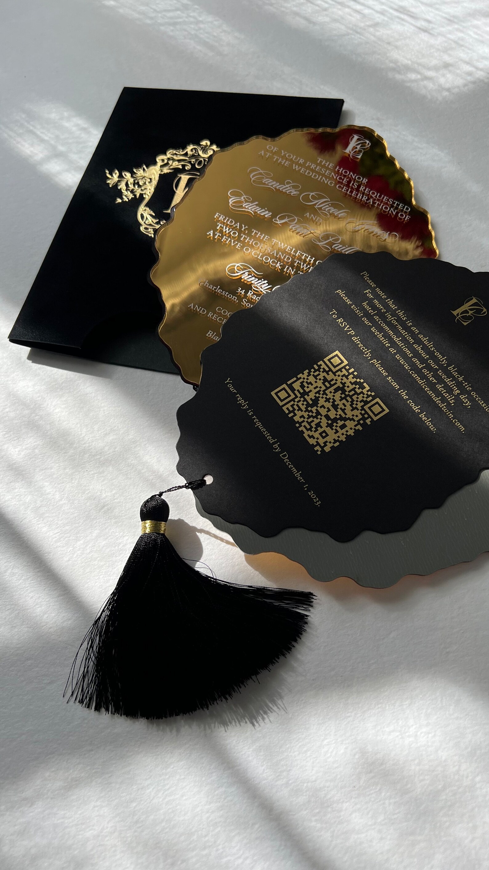 Luxury Gold Mirror Acrylic Velvet Suede QR Code | Black Trifold Wedding ...