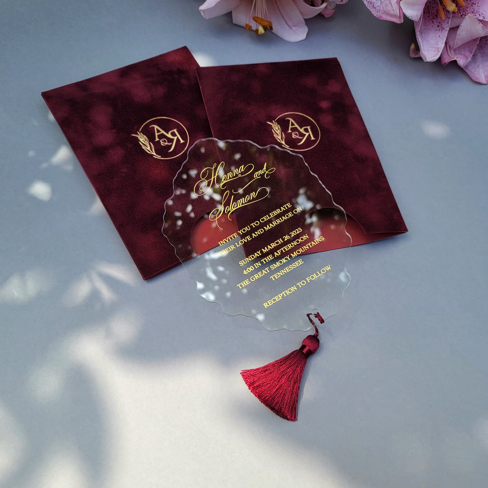 Luxury Wedding Invitation - Burgundy Velvet Envelope - Mirror Acrylic ...