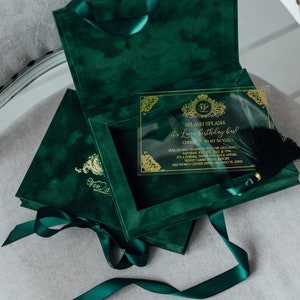Luxury Green Velvet Wedding Invitation Box Suede | Acrylic Wedding ...