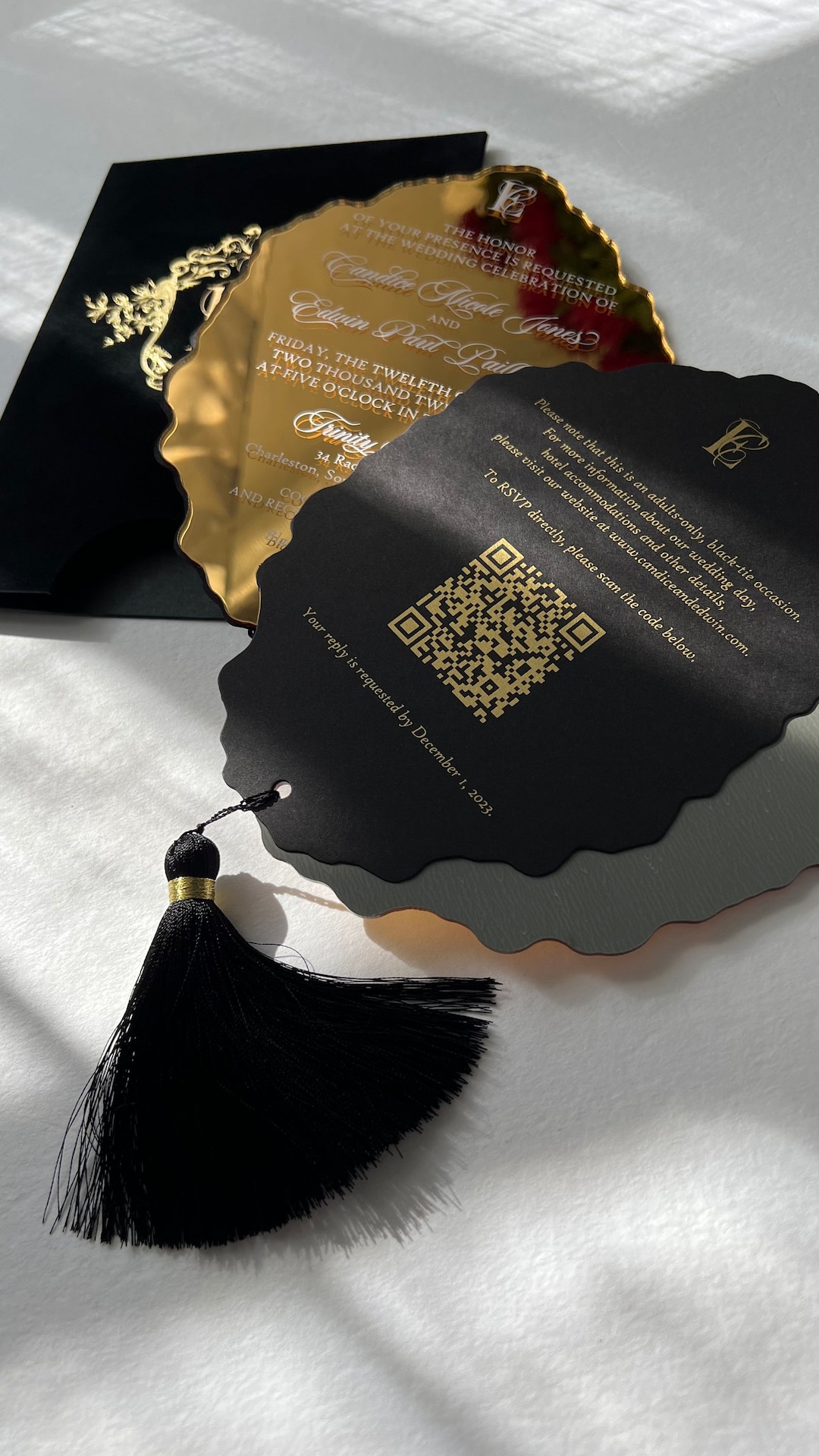 Luxury Gold Mirror Acrylic Velvet Suede QR Code | Black Trifold Wedding ...