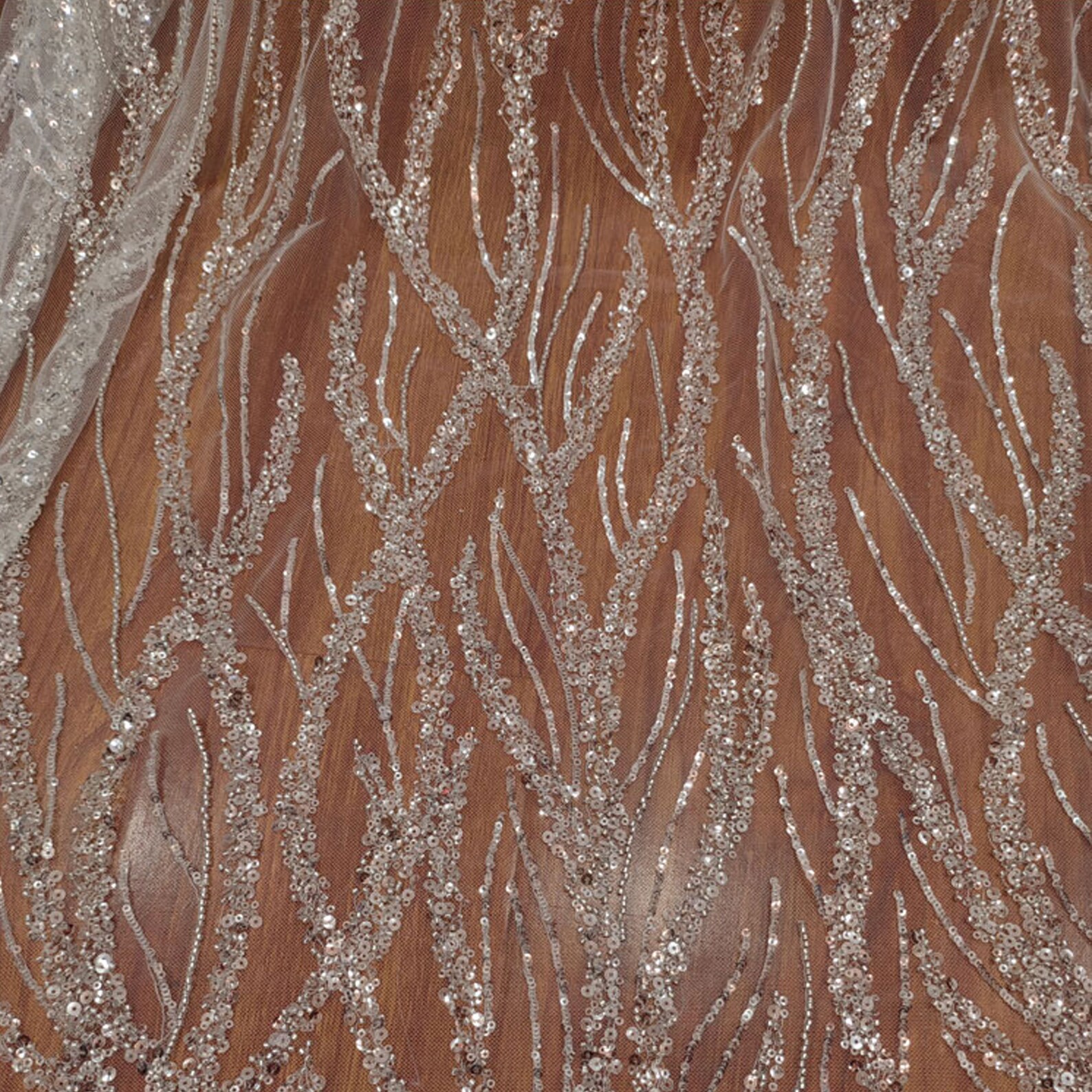 Beaded Lace Fabric by Yard Silver Beads Lace Mesh Tree Branch Pattern ...
