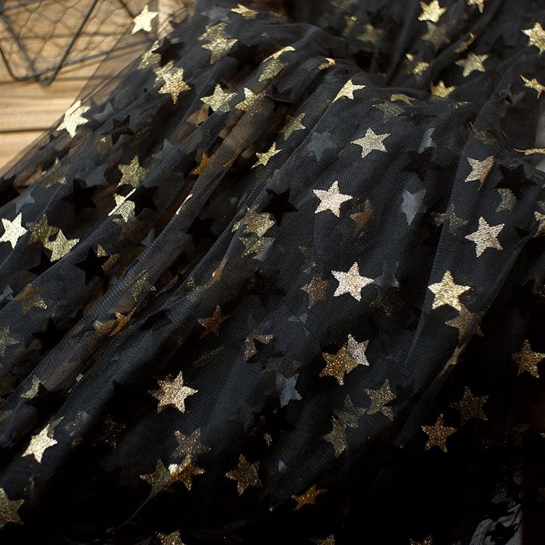 Star Lace Fabric by Yard Gold and Black Star Lace Overlay Flocking ...