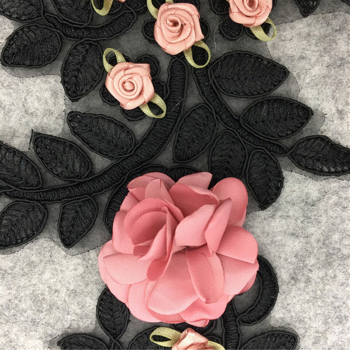 3D Flower Applique Corded Embroidery Lace Applique Mirror Pair Black ...