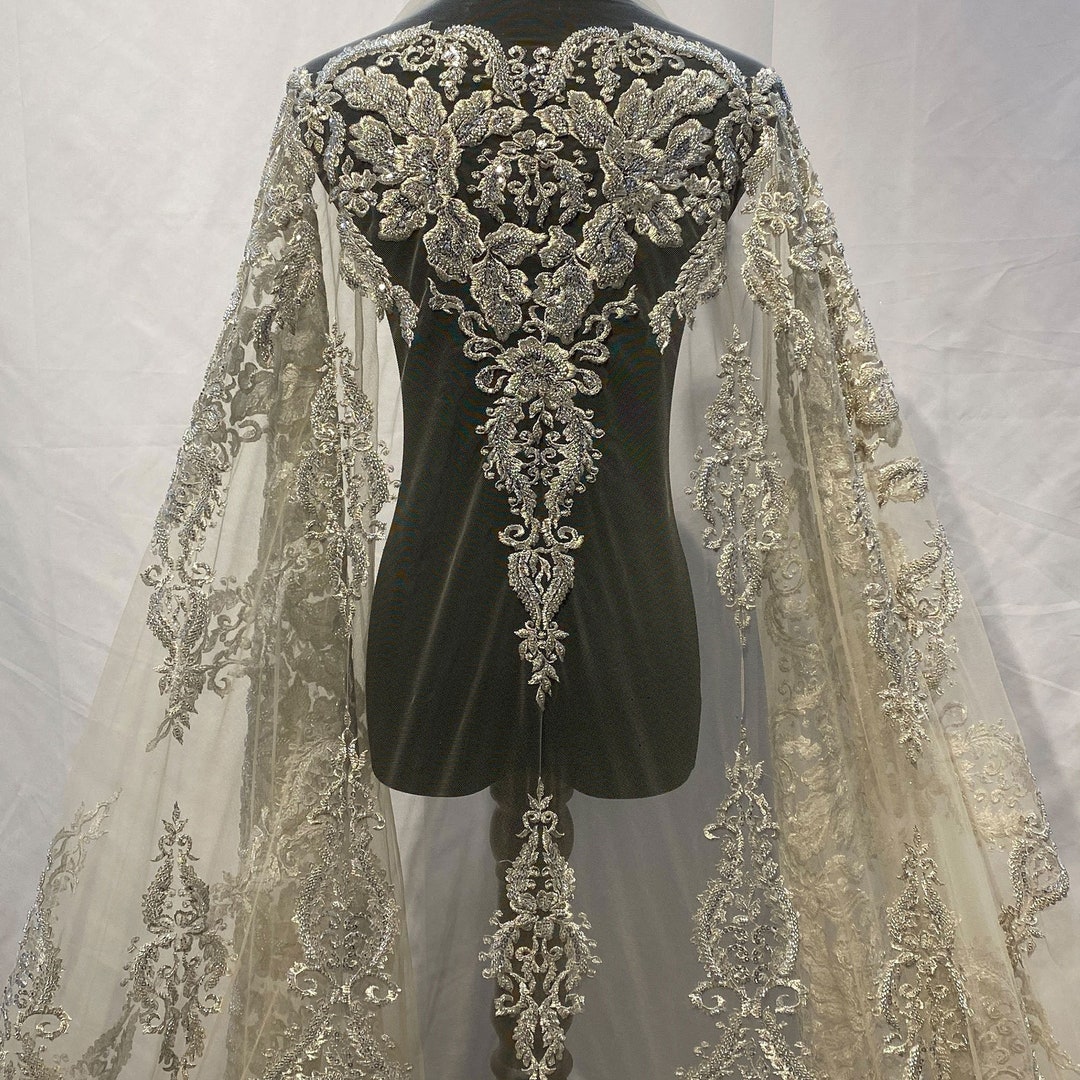 Champagne Lace Fabric by Yard Silver Beaded Lace Tulle Fabric for ...