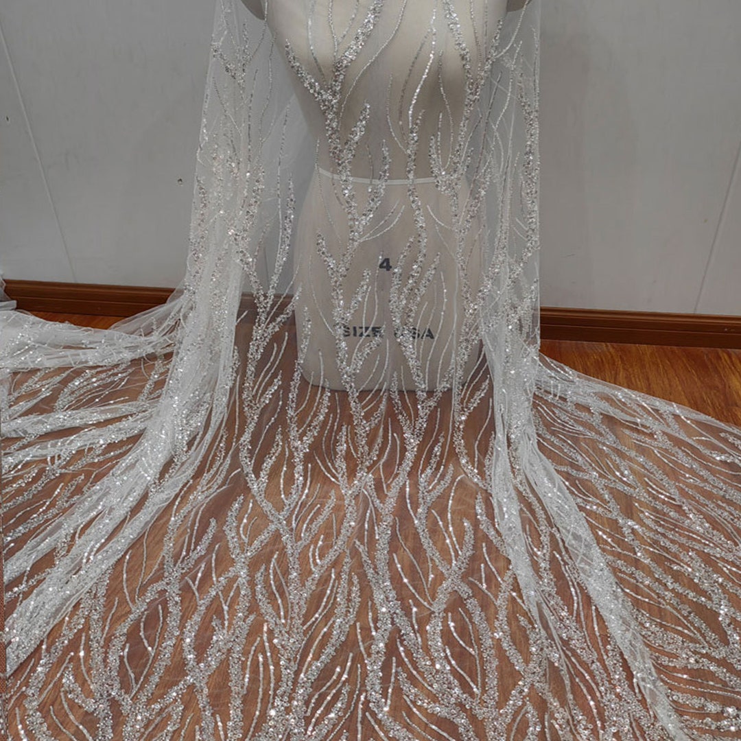 Beaded Lace Fabric by Yard Silver Beads Lace Mesh Tree Branch Pattern ...