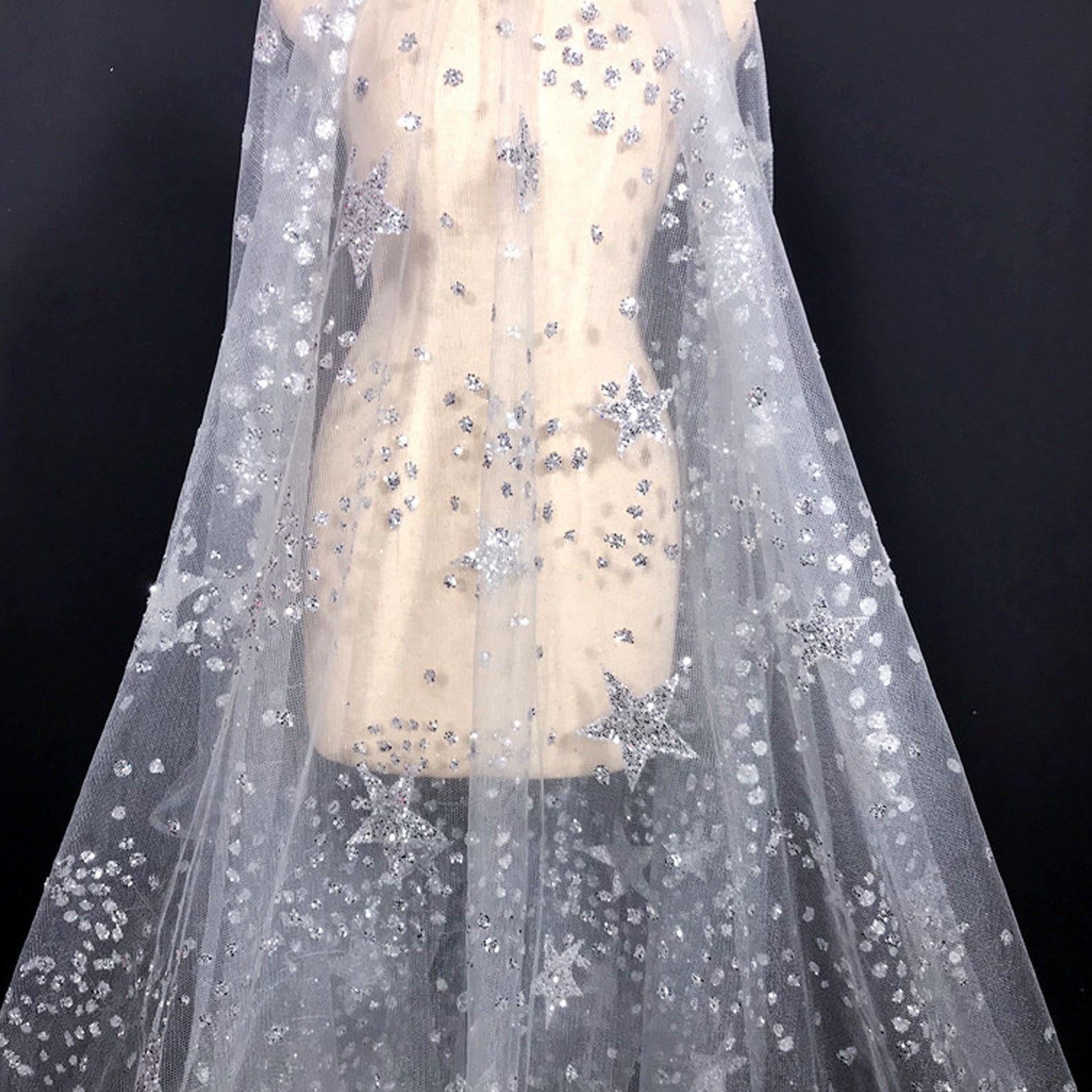 Glittering Star Lace Fabric by Yard Sparkling Silver Star Lace Overlay ...