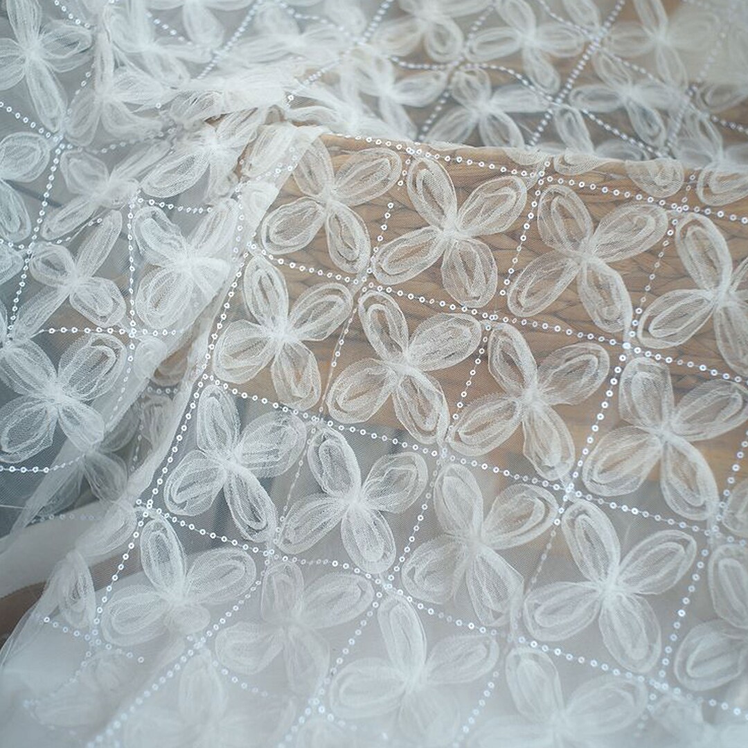 Bloom Lace Fabric by Yard Shimmery Grid Sequin Lace Mesh 3D Flower Lace ...