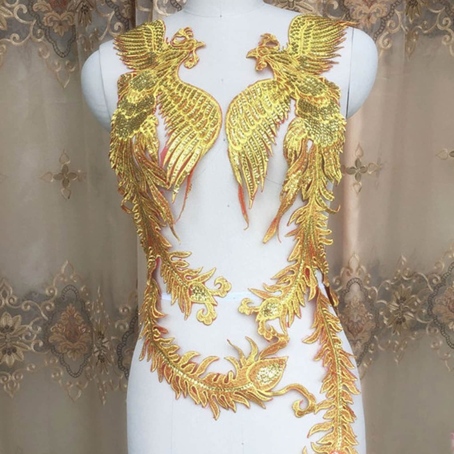 Golden Phoenix Applique Sparkling Flying Bird Patch Vintage Sequins ...