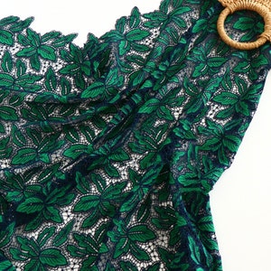 Green Leaves Lace Fabric by Yard Navy Blue Lace Net Embroidery Leaves ...