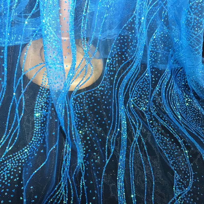 Blue Lace Fabric by Yard Glittering Lace Mesh Ocean Wave | Etsy