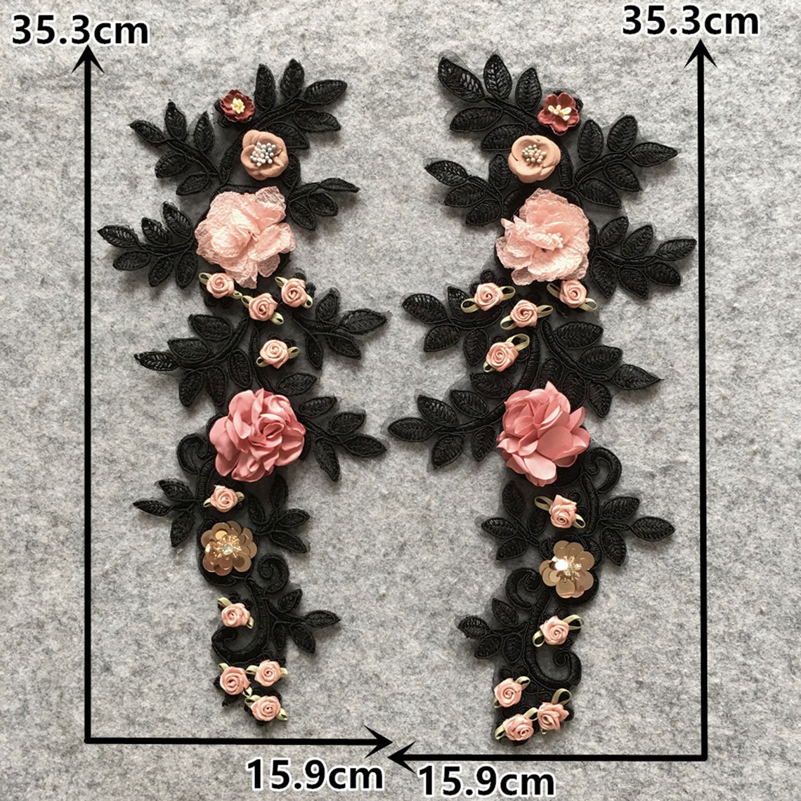3D Flower Applique Corded Embroidery Lace Applique Mirror Pair Black ...