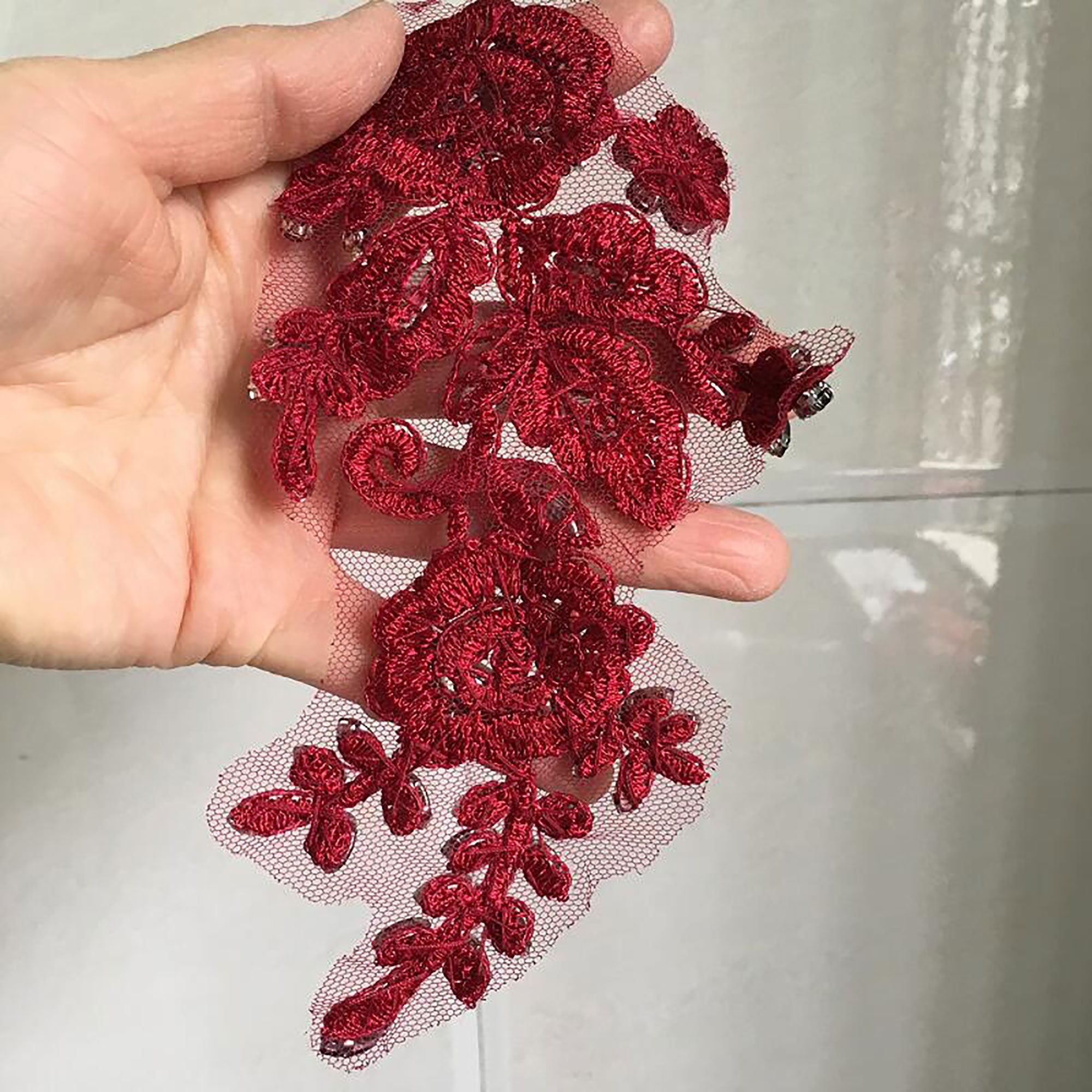 Burgundy Beaded Applique Mirror Pair Beaded Embroidery Patch for Crafts ...
