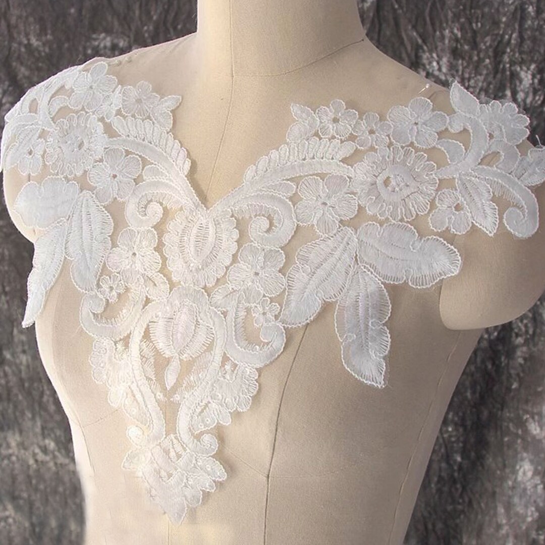 Wedding Dress Flower Neckline Applique Corded Embroidery Sequins Patch ...