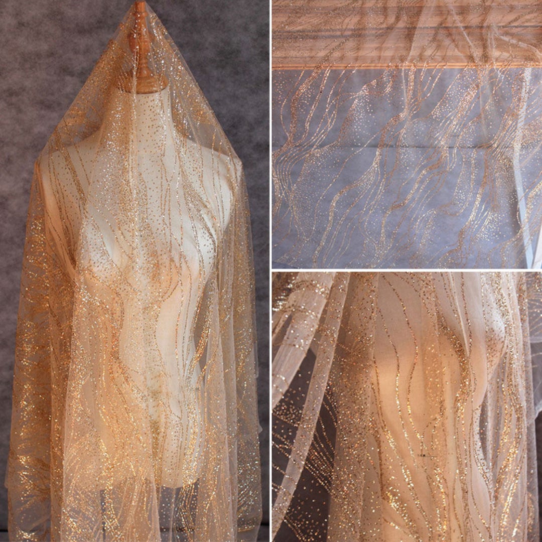 Luster Champagne Gold Lace Fabric by Yard Bling Glittering Lace Wave ...