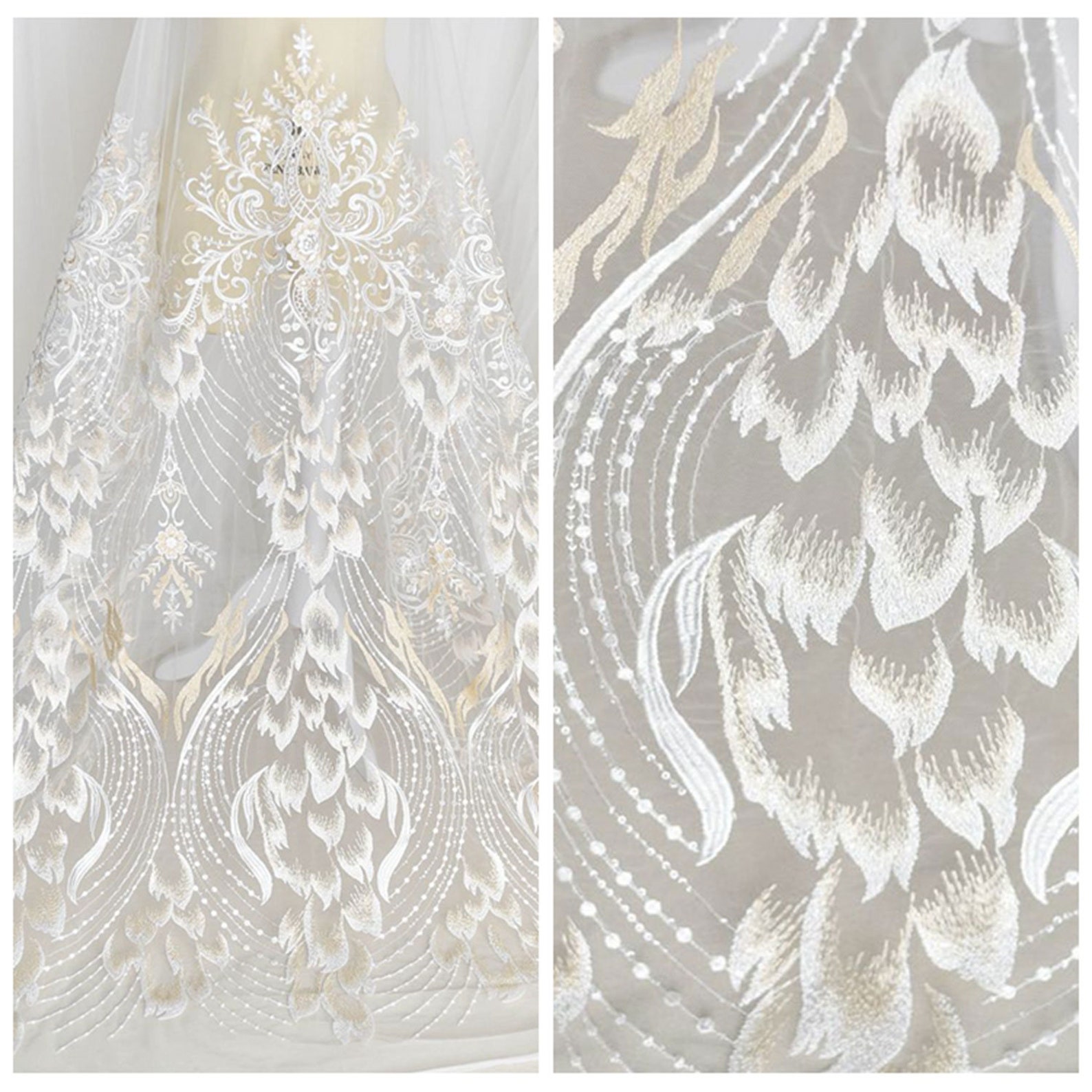 Shimmer Champagne Embroidery Lace by Yard Phoenix Tail Pattern - Etsy