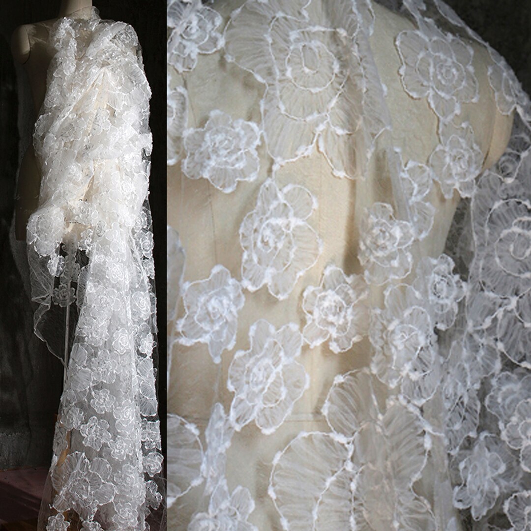 White Lace Fabric by Yard Embossed Lace Mesh Flower Fabric for Party ...
