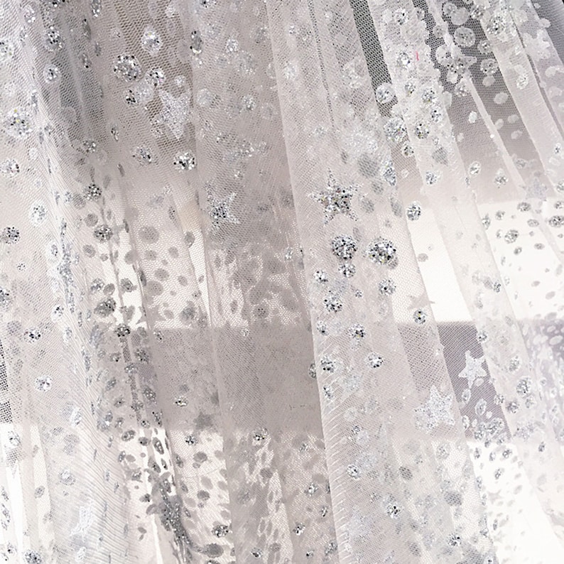 Glittering Star Lace Fabric by Yard Sparkling Silver Star Lace Overlay ...