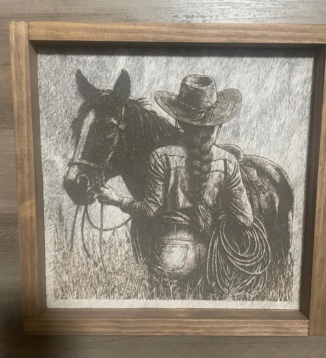 Cowgirl Engraved Cowhide Wall Art Rustic Western Home Decor Rodeo Ranch ...