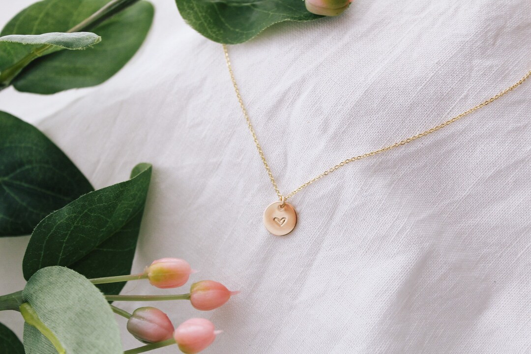 Gold Heart Disc Necklace, Disc Heart Charm, Heart Necklace, Gold Heart ...