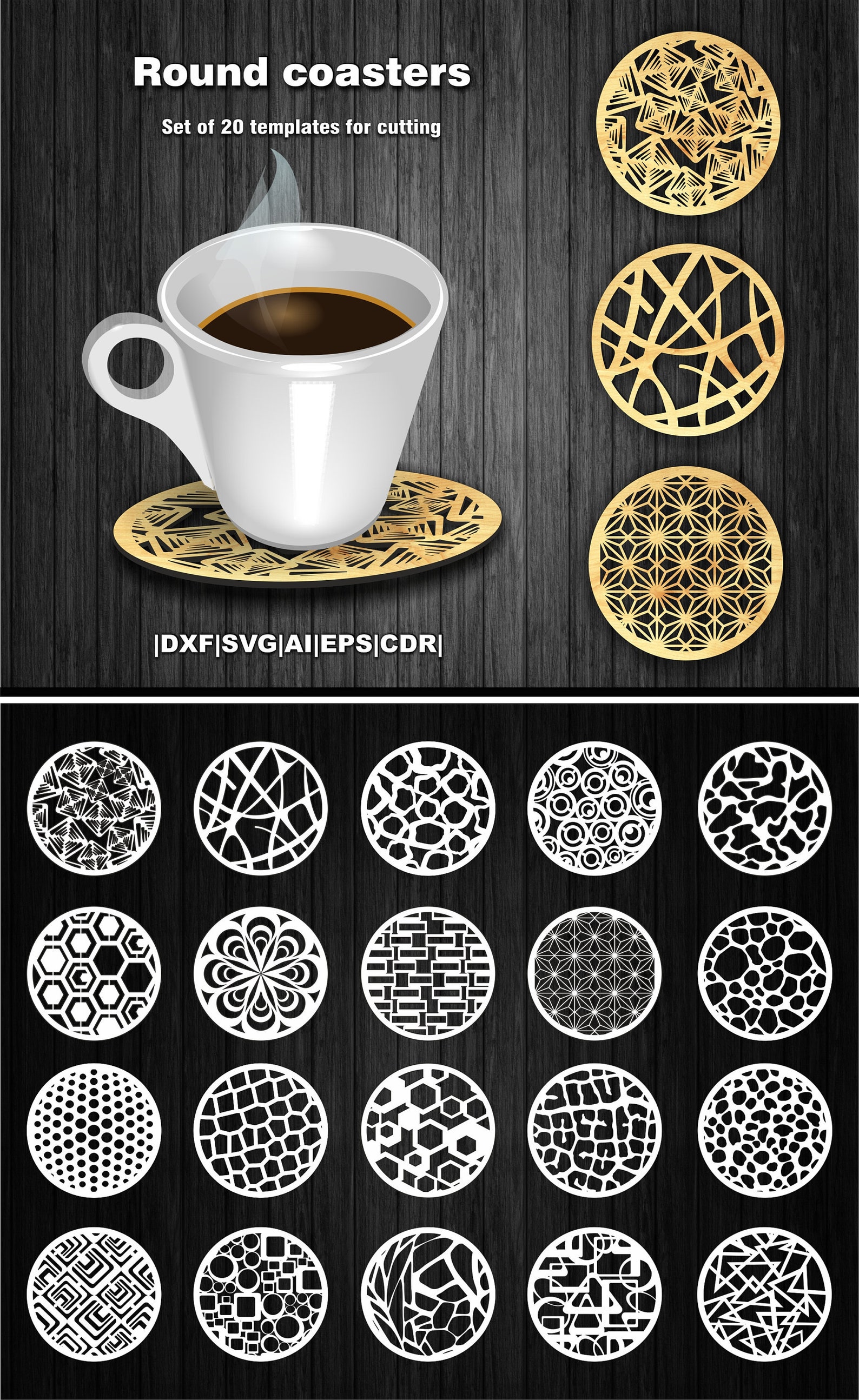 Set of Round Coasters Svg Dxf Pdf. Carved Coasters. Round | Etsy