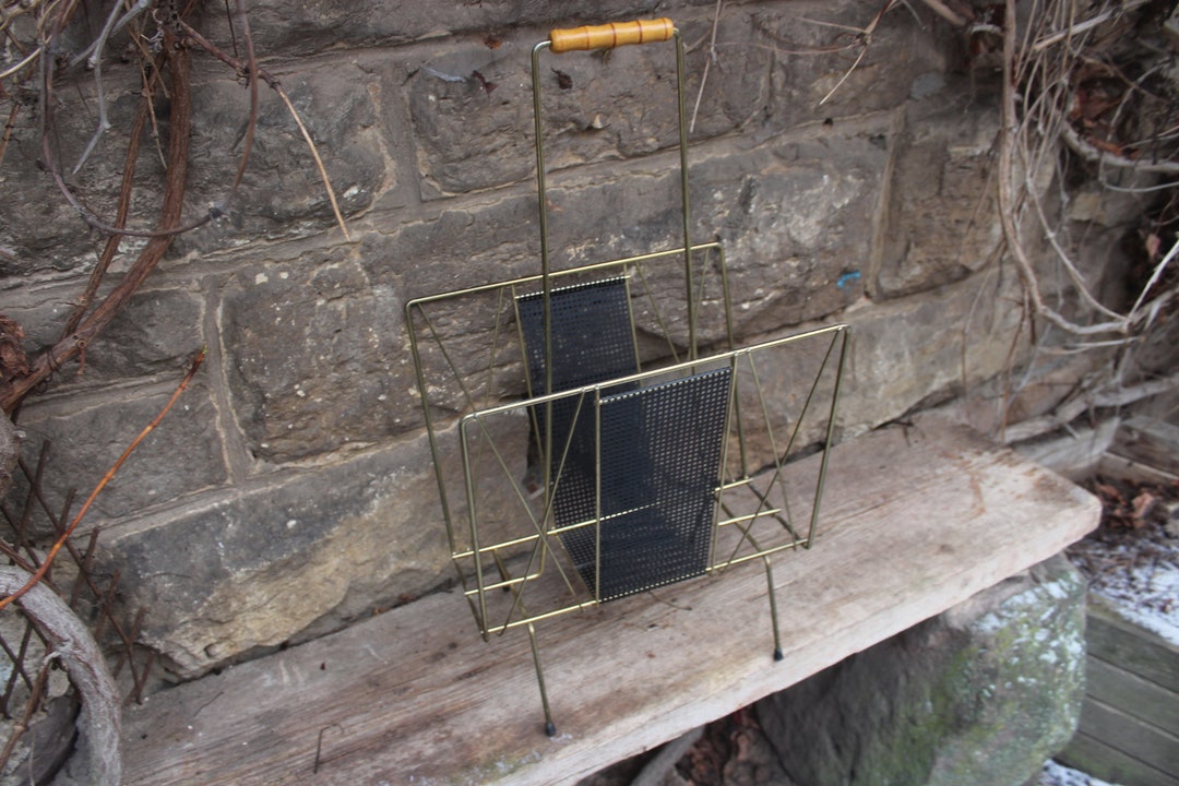 Vintage Newspaper Rack Newspaper Holder Brass Colored Black Perforated ...