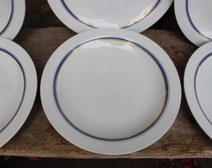 Set of 6 Dinner Plates Blue Golden Rim Stadtlengsfeld Porcelain 70s DDR ...