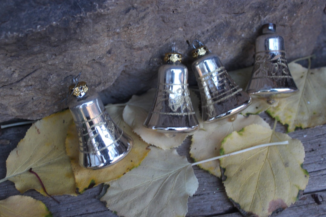 4 Silver Bells Gold Glitter Decoration Christmas Tree Decorations ...