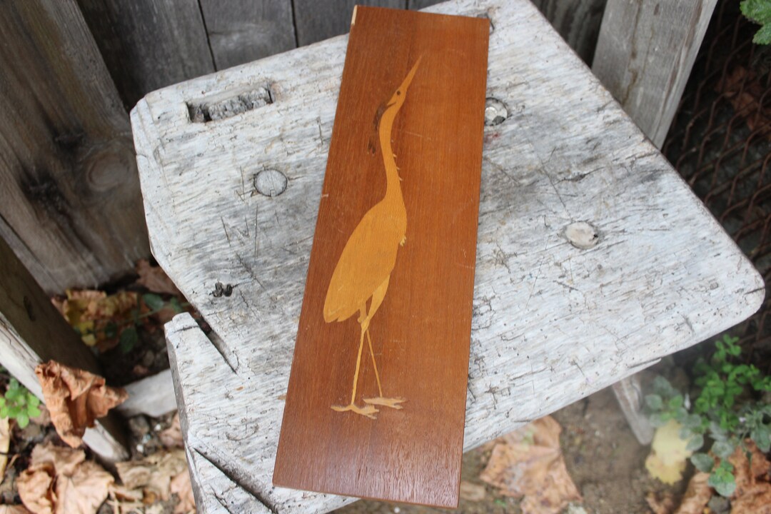 Tableau intarsia grue héron décoration bois milieu du siècle vintage ...