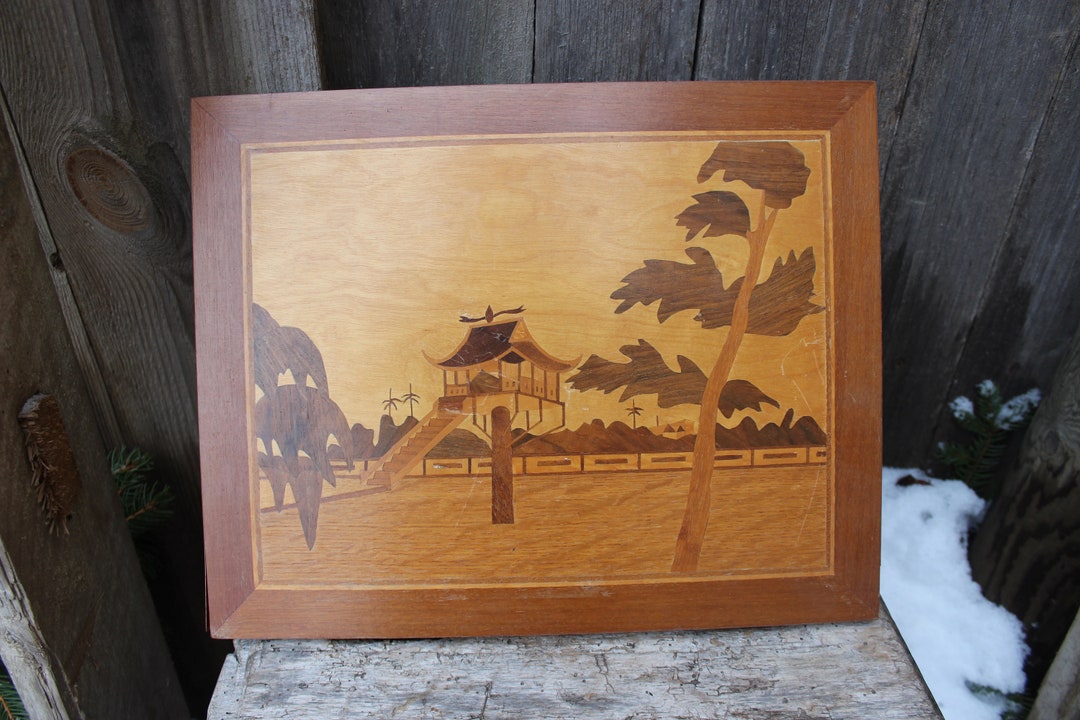 Intarsia Picture Landscape With Japanese Tree House Decoration Wood ...