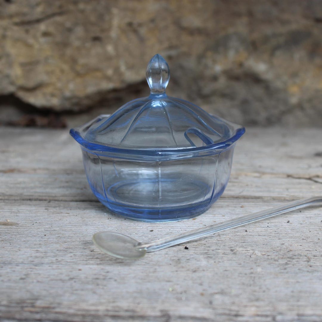 Mini Jam Jar With Plastic Spoon, Light Blue Pressed Glass, 1930s to ...